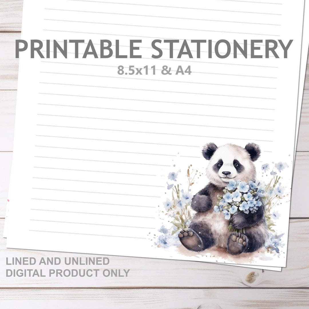 Panda With Flowers and Bamboo Printable Stationery Set Lined and ...