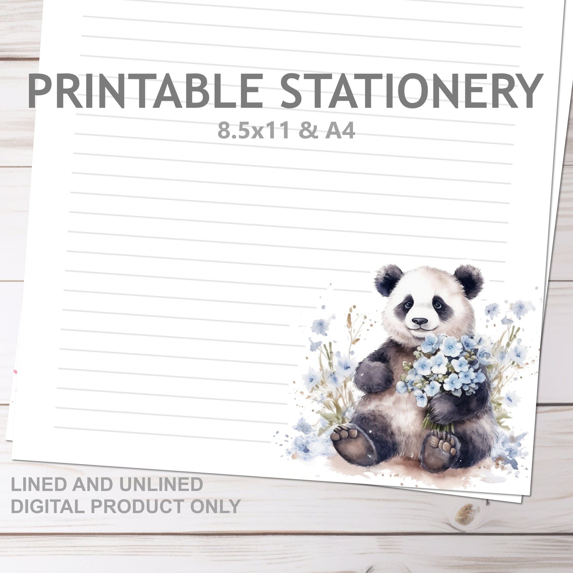 Panda With Flowers and Bamboo Printable Stationery Set Lined and ...