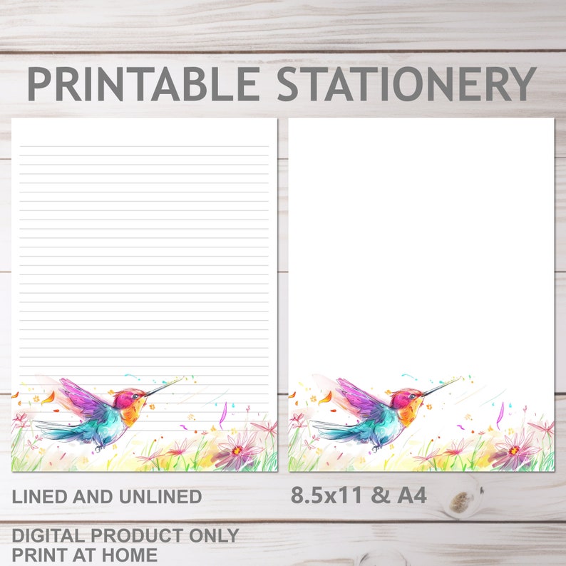 Hummingbird Wildflowers Printable Stationery in A4 and 8.5x11 US Letter ...