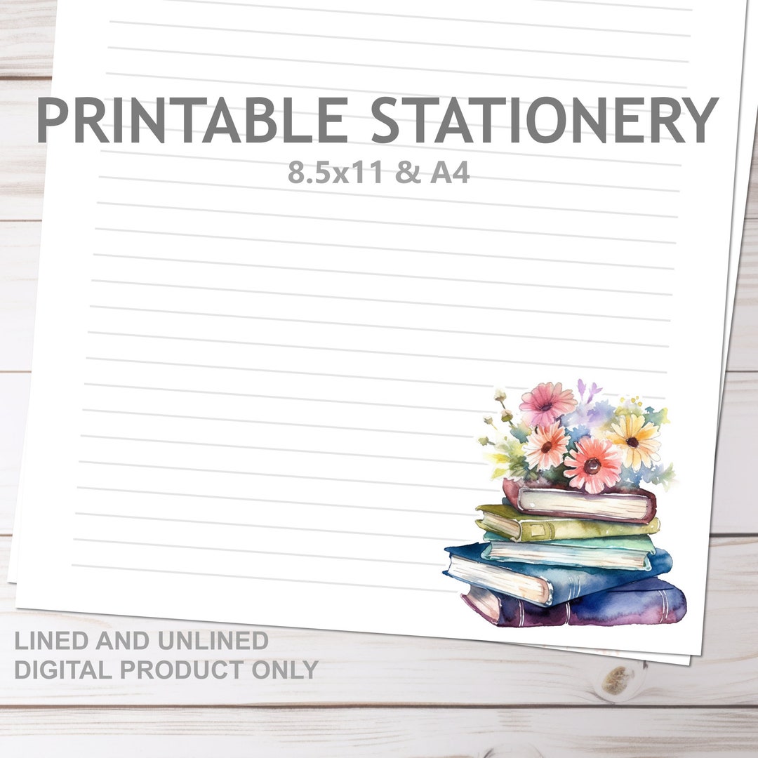 Stack of Books With Flowers Printable Stationery Set Lined and Unlined ...