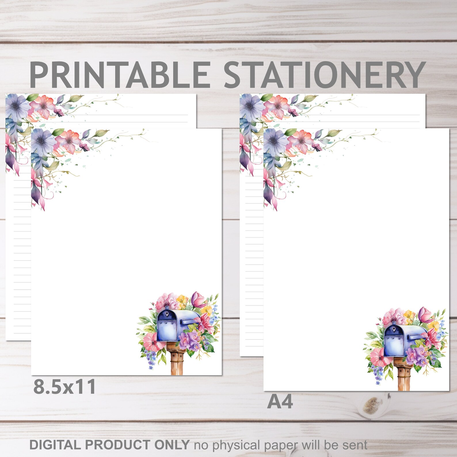 Floral Mailbox Penpal Printable Stationery Lined and Unlined in A4 and ...