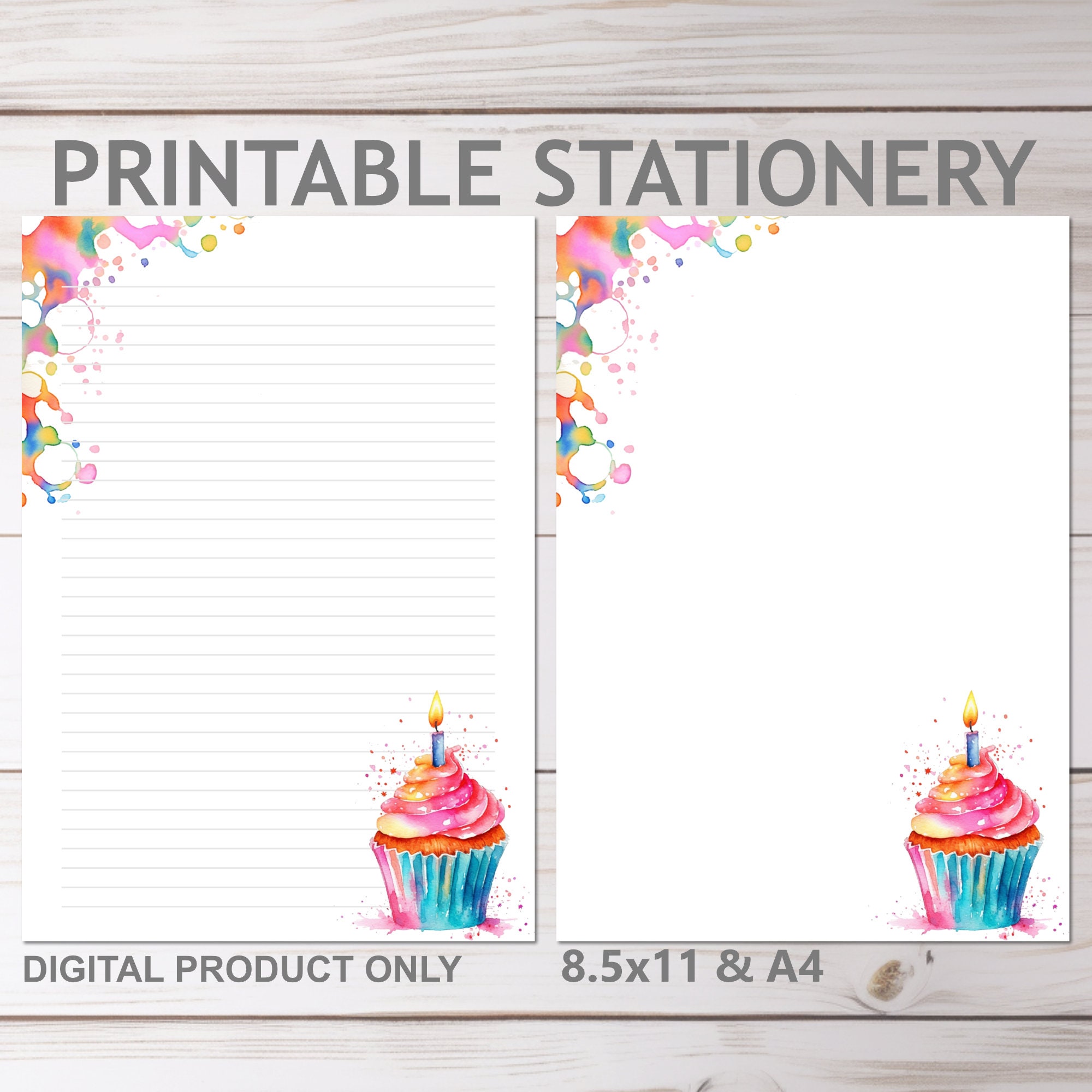 Birthday Cupcake Pink and Blue Printable Stationery Set Lined and ...