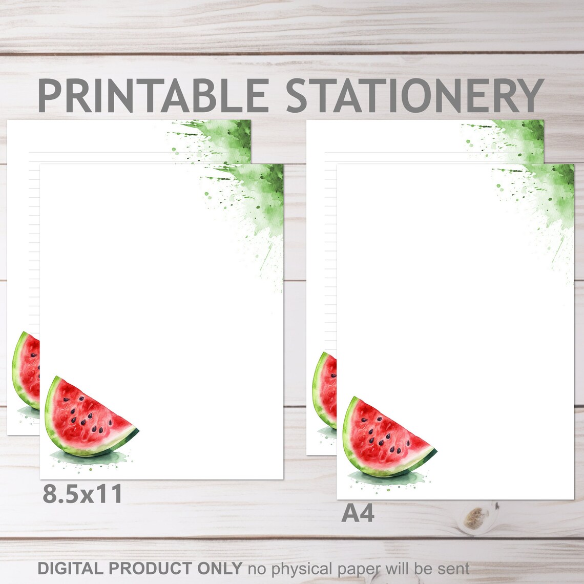 Watercolor Watermelon Printable Stationery Lined and Unlined in A4 and ...
