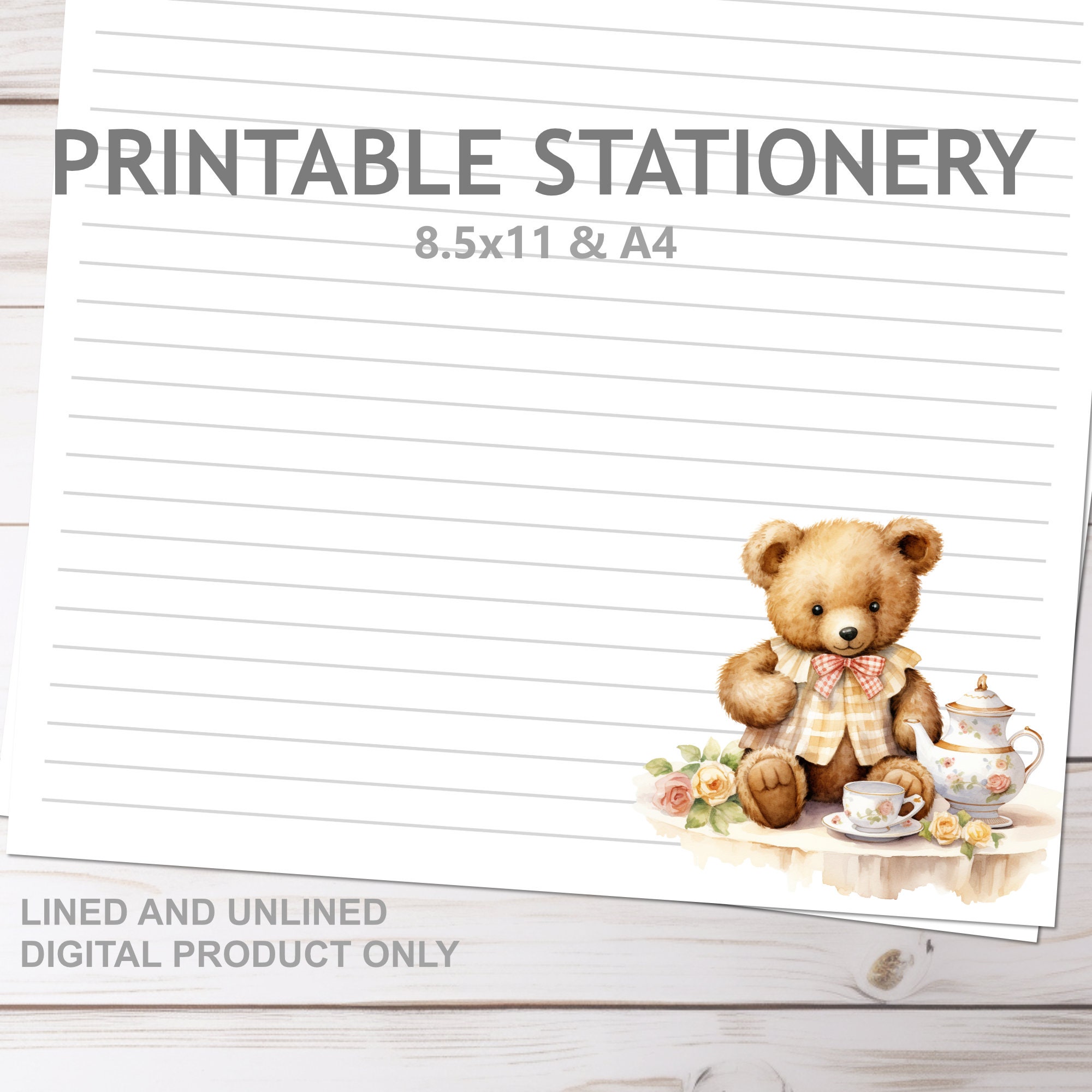 Teddy Bear Set Printable Stationery Lined and Unlined in A4 and 8.5x11 ...