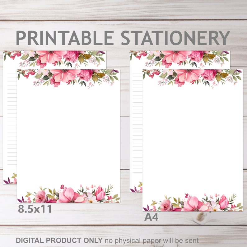 Roses and Flowers Printable Stationery Lined and Unlined in A4 and 8 ...