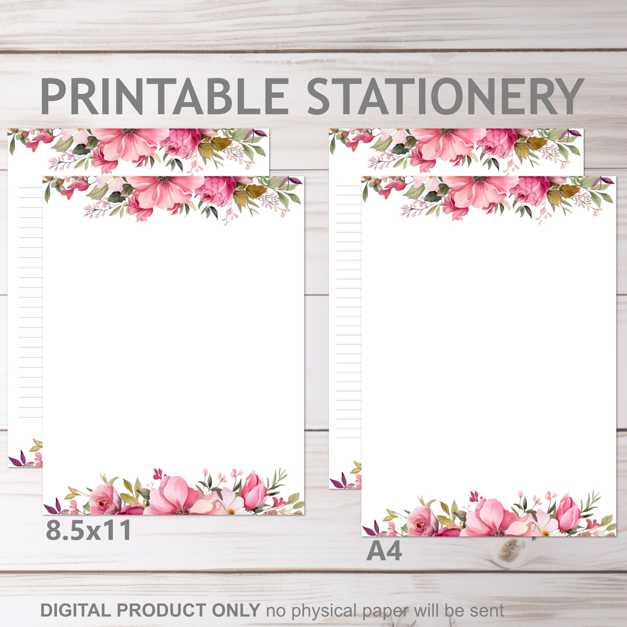 Roses and Flowers Printable Stationery Lined and Unlined in A4 and 8 ...