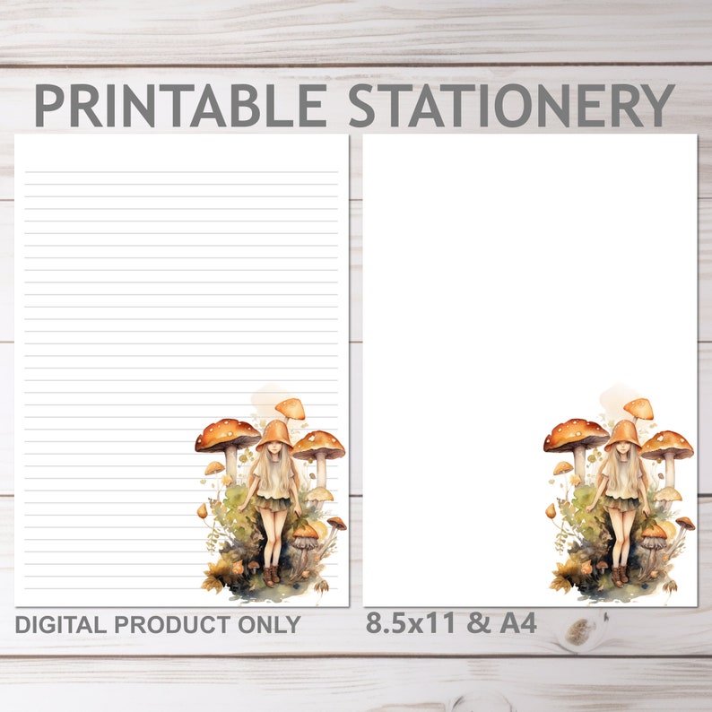 Mushroom Girl Cottagecore Printable Stationery Lined and Unlined in A4 ...