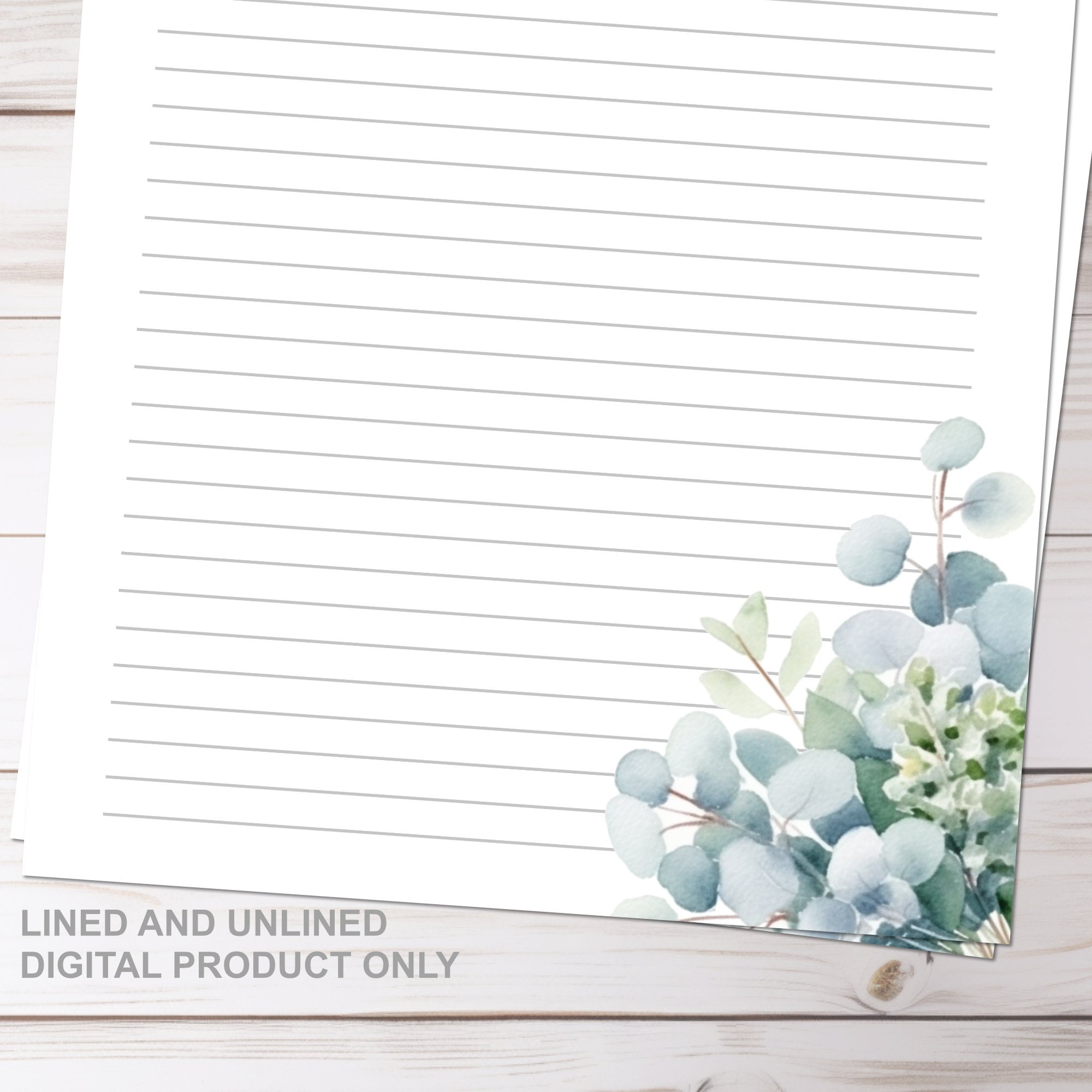 Eucalyptus Leaves Floral Printable Stationery Lined and Unlined in A4 ...
