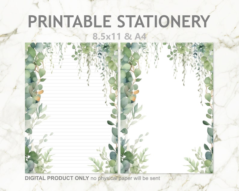 Eucalyptus Leaves and Vines Printable Stationery Set Lined and Unlined ...