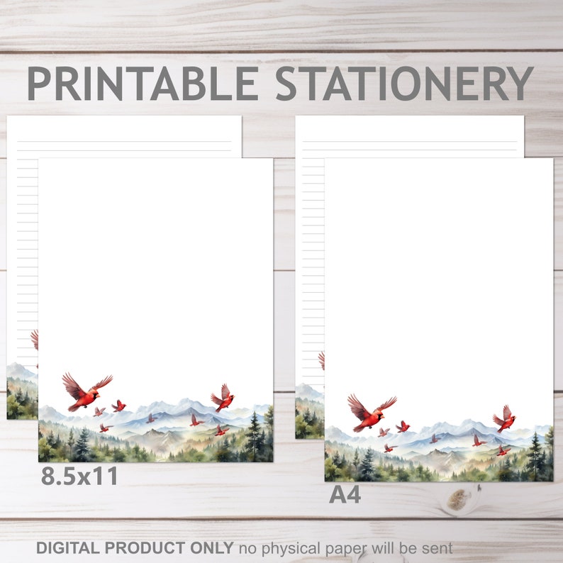 Red Cardinals Mountain Printable Stationery Lined and Unlined in A4 and ...