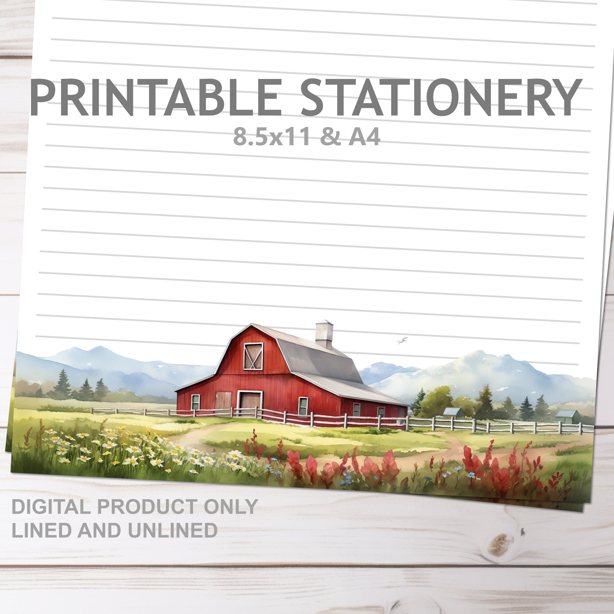 Red Barn Farm Set Mountain Printable Stationery Lined No Lines A4 & 8 ...