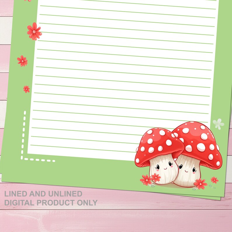 Cute Kawaii Mushrooms Printable Stationery Lined and Unlined A4 and 8 ...