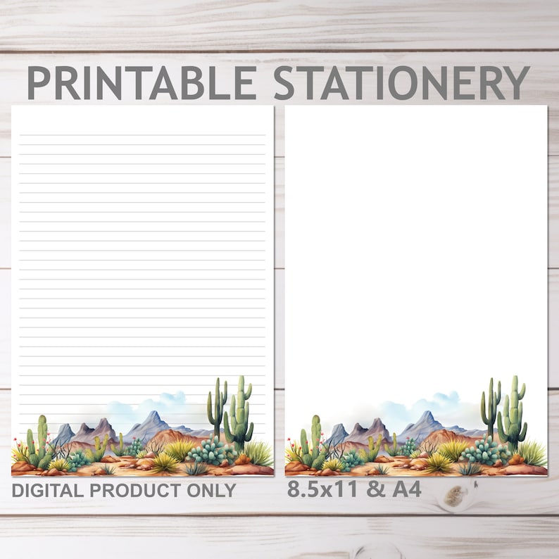 Desert Cactus Mountains Printable Stationery Paper Lined and Without ...
