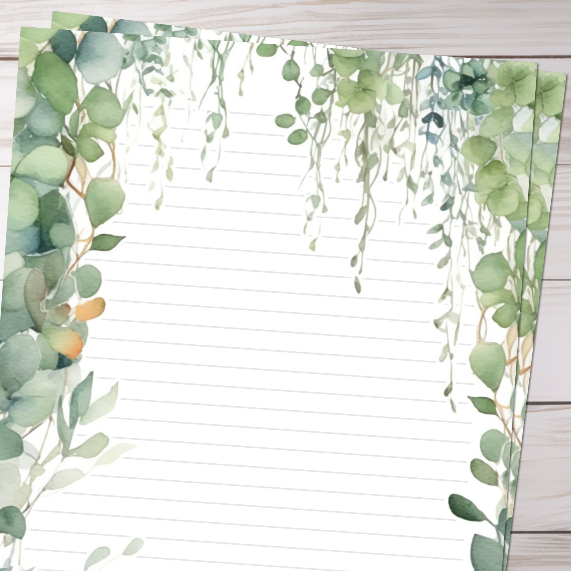 Eucalyptus Leaves and Vines Printable Stationery Set Lined and Unlined ...