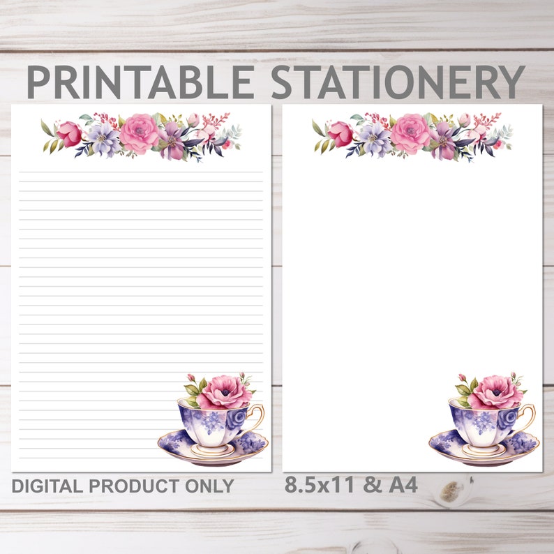 Flower Teacup Mother's Day Printable Stationery Lined and Unlined in A4 ...