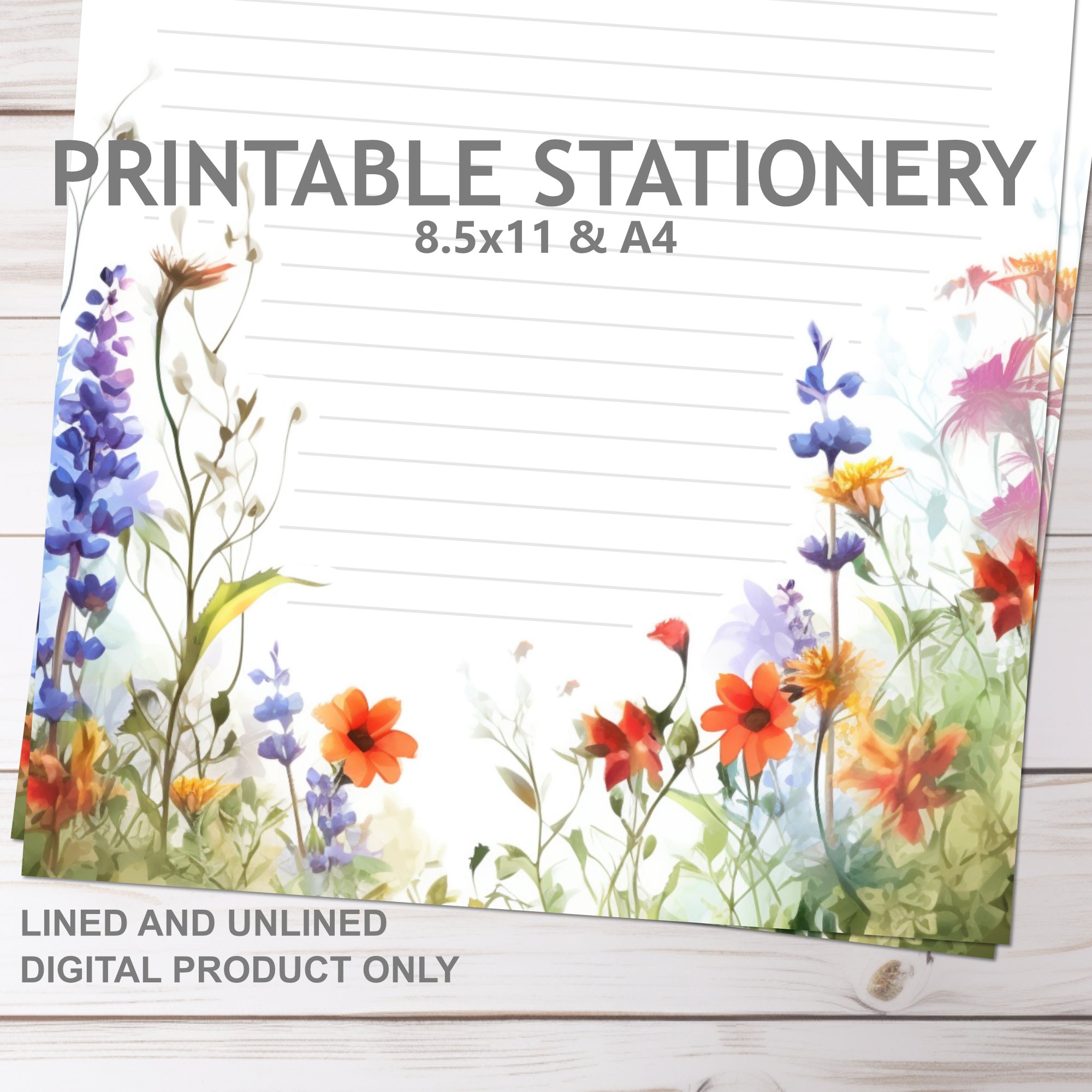 Wildflower Printable Stationery Lined and Unlined in A4 and 8.5x11 US Letter Size | Print at ...