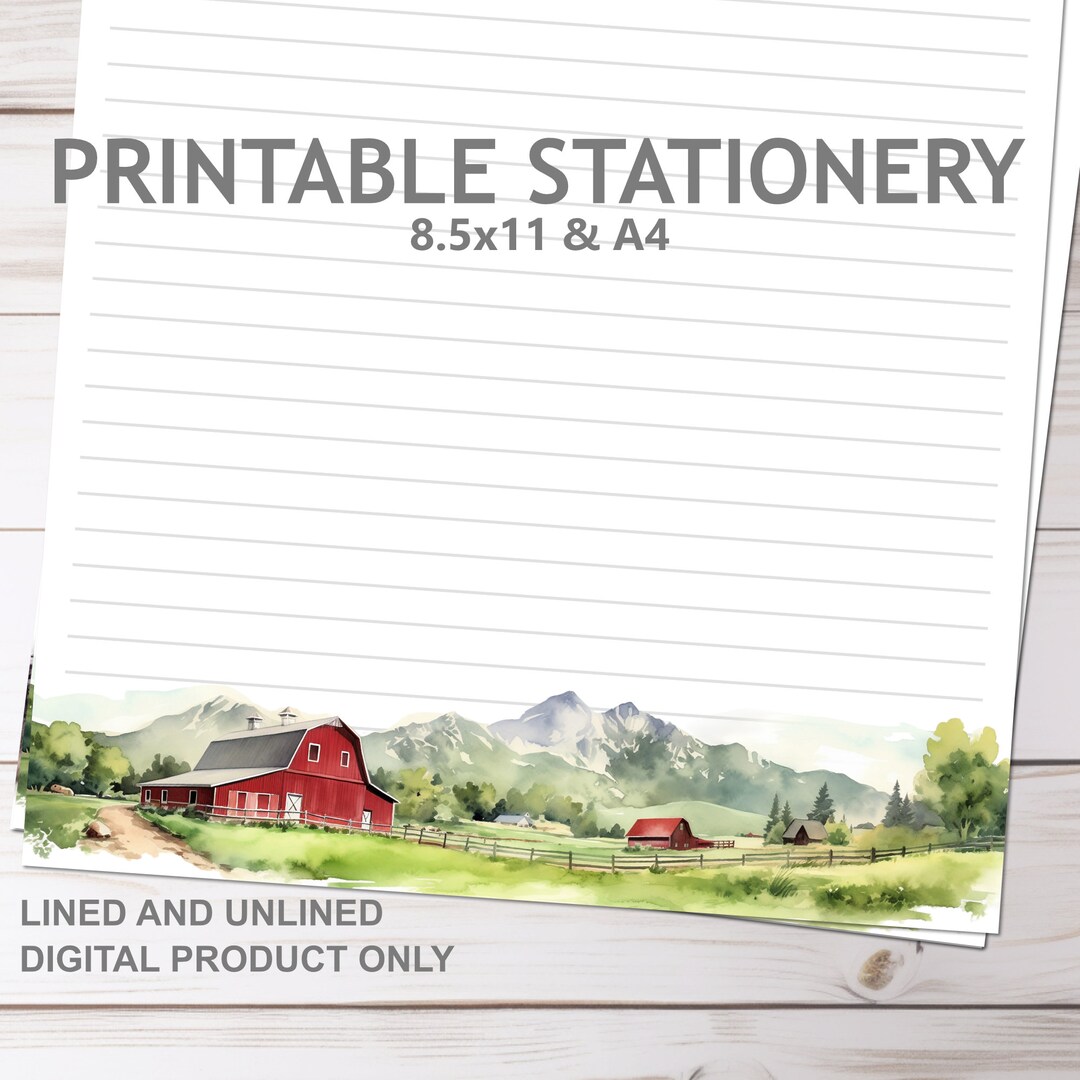 Red Barn Farm Mountain Printable Stationery Lined and Unlined in A4 and ...