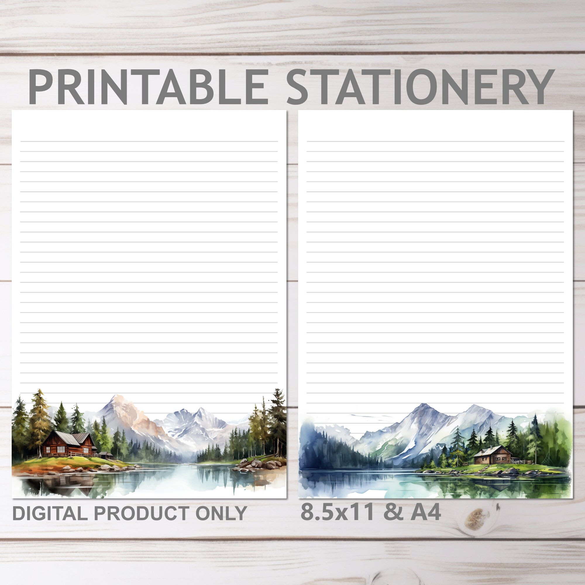 Mountain Log Cabin Printable Stationery Paper Lined and Without Lines ...
