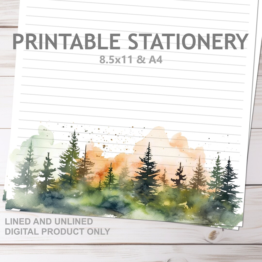 Watercolor Forest Trees Printable Stationery Lined and Unlined in A4 ...