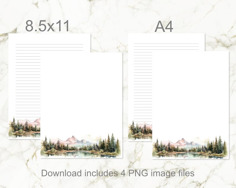 Mountain Range and Lake Printable Stationery Lined and Unlined in A4 ...