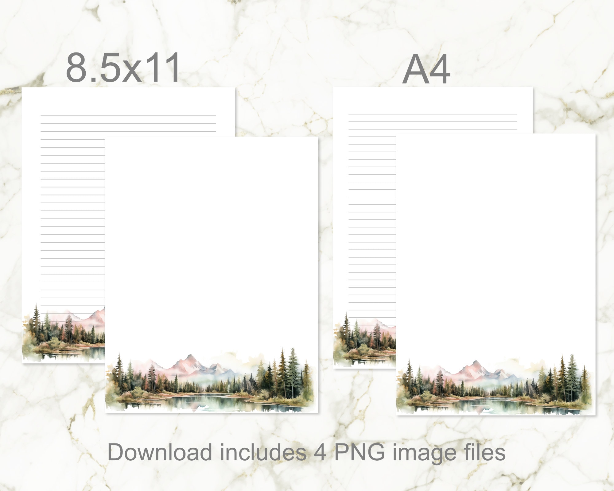 Mountain Range and Lake Printable Stationery Lined and Unlined in A4 ...