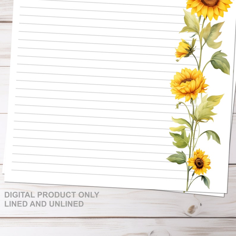 Sunflowers Floral Printable Stationery Lined and Unlined A4 and 8.5x11 ...