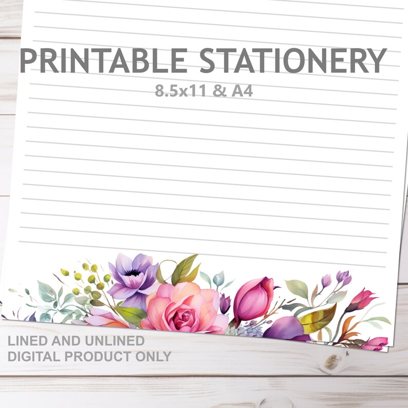 Roses and Flowers Printable Stationery Lined and Unlined in A4 and 8 ...