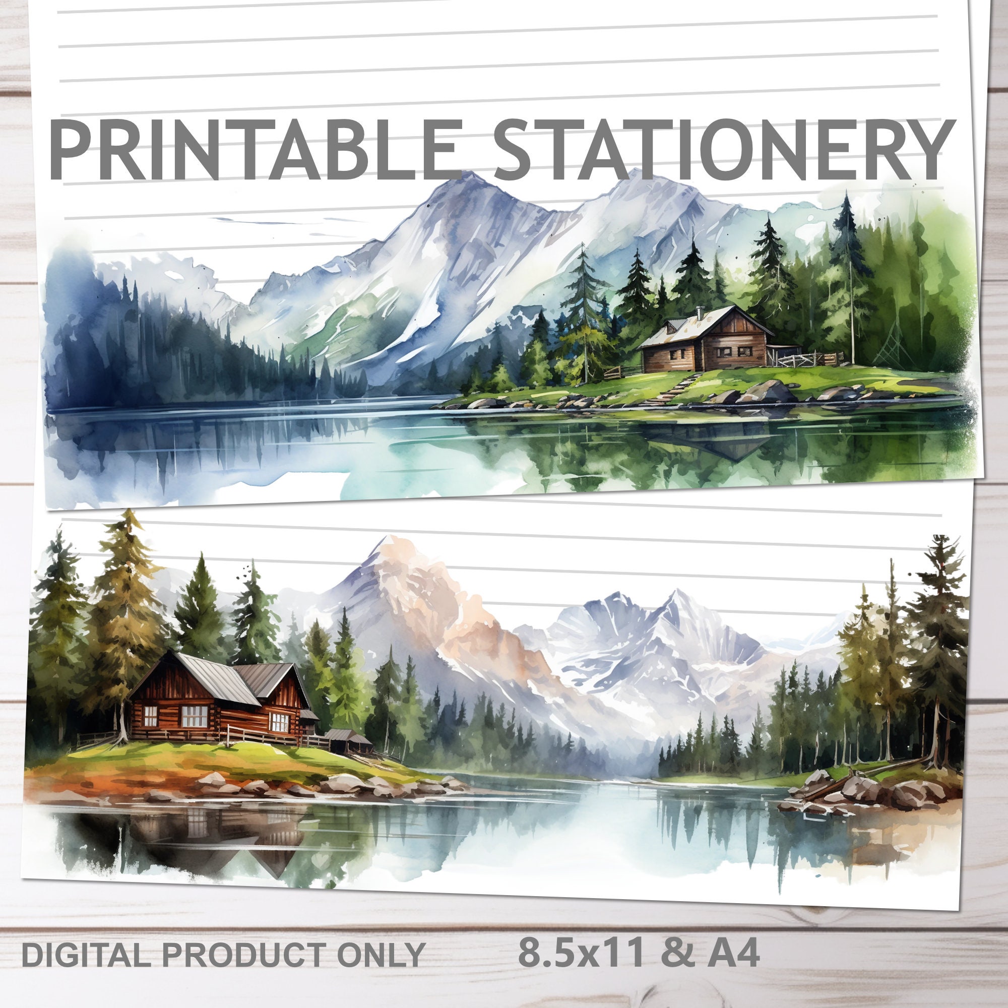Mountain Log Cabin Printable Stationery Paper Lined and Without Lines ...