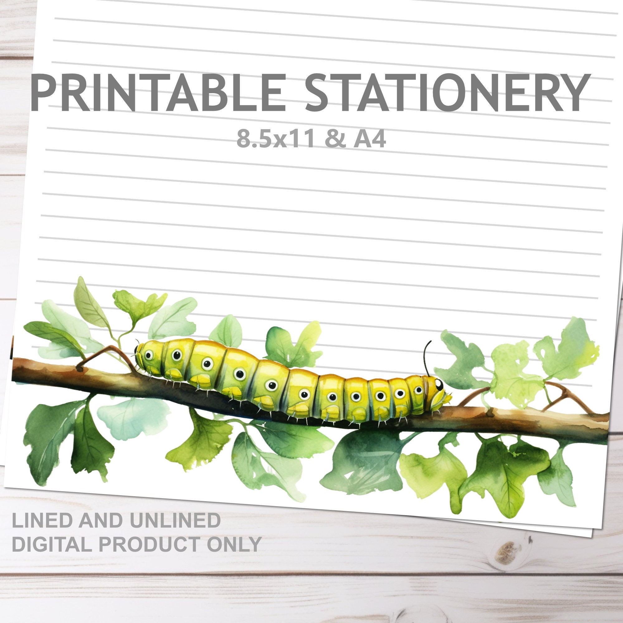 Caterpillar on Tree Branch Printable Stationery Lined and Unlined in A4 ...