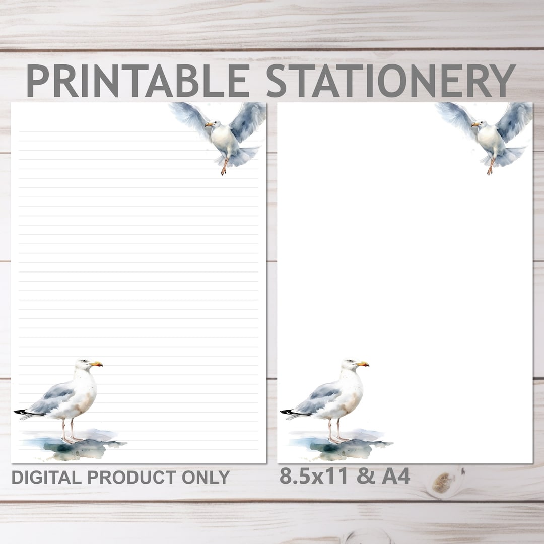 Seagull Beach Ocean Printable Stationery Lined and Unlined in A4 and 8 ...