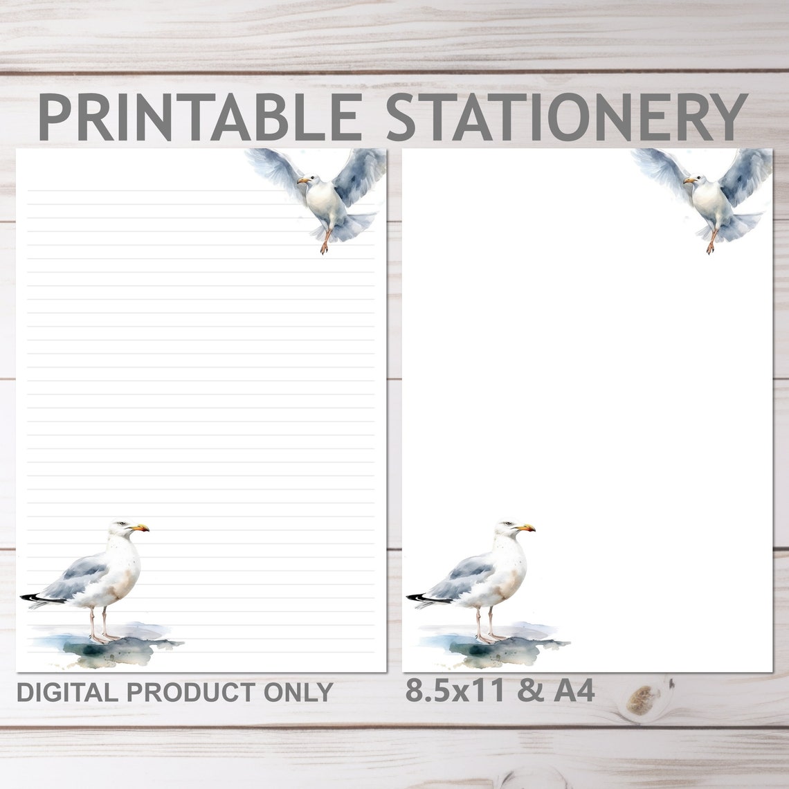 Seagull Beach Ocean Printable Stationery Lined and Unlined in A4 and 8 ...