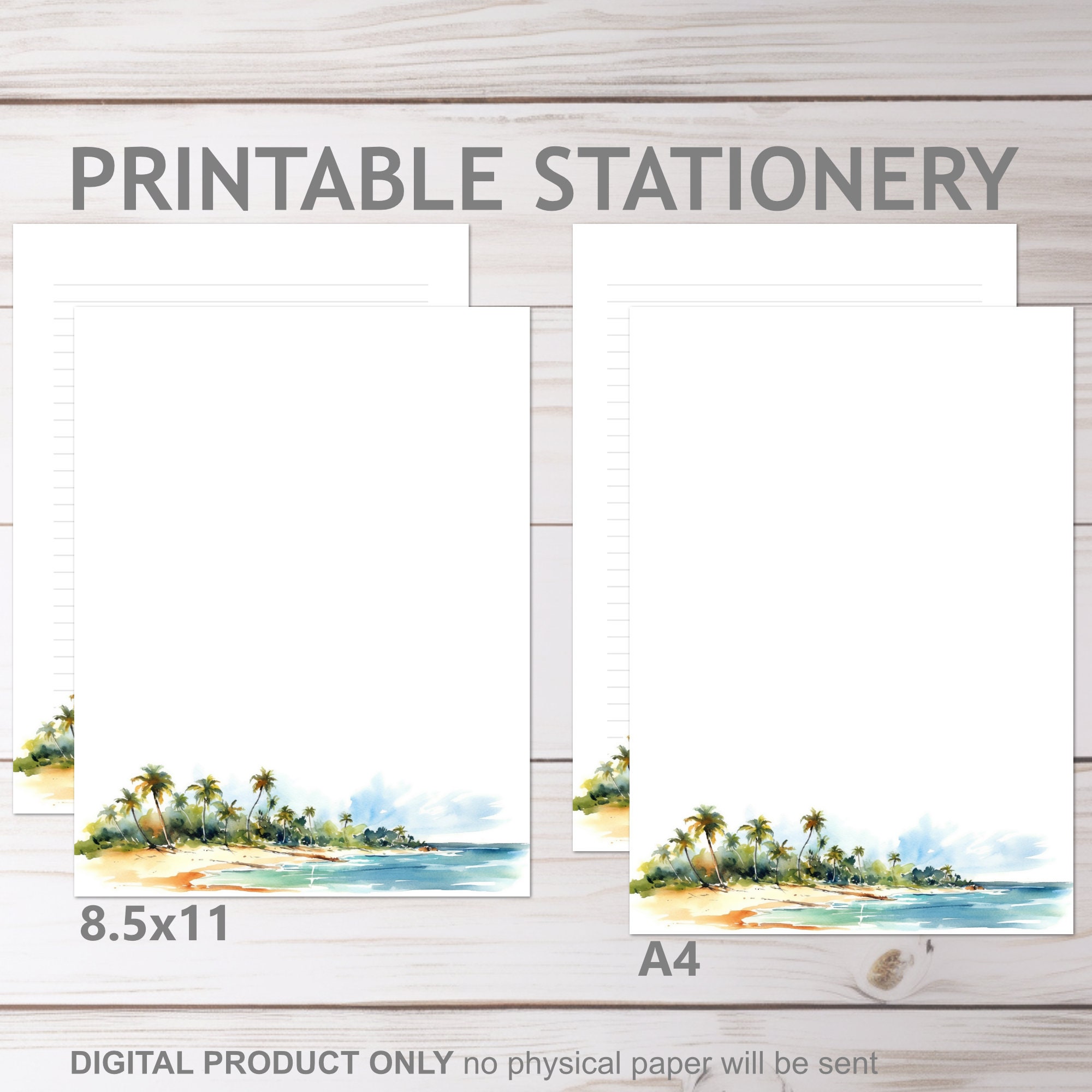Tropical Island Beach Printable Stationery Lined and Unlined in A4 and ...