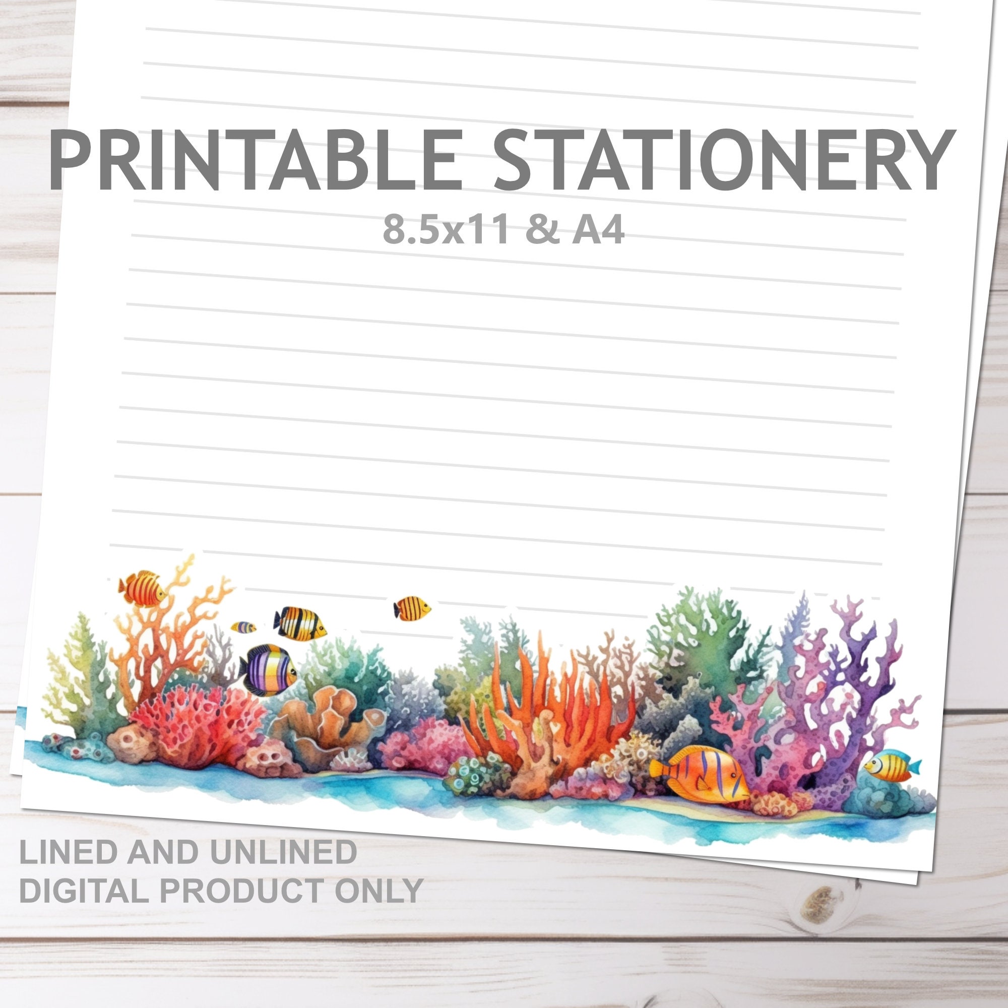Coral Reef Tropical Fish Printable Stationery Set Lined and Unlined in ...