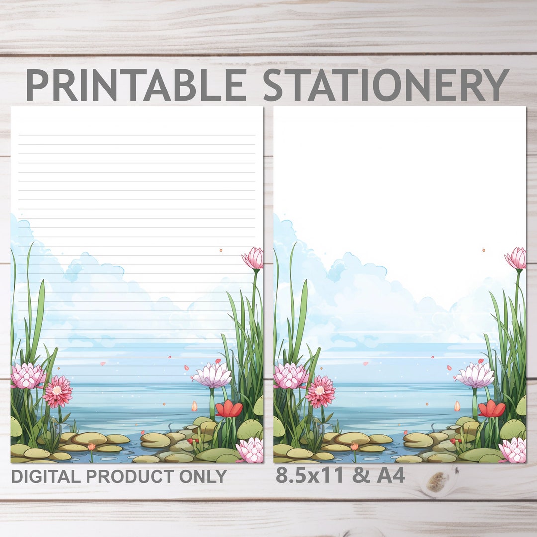Lotus Flower Printable Stationery Lined and Unlined in A4 and 8.5x11 US ...