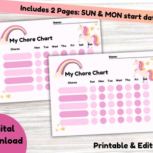 Kids Chore Chart, Weekly Chores Chart, Unicorn Chore Chart for Girls ...