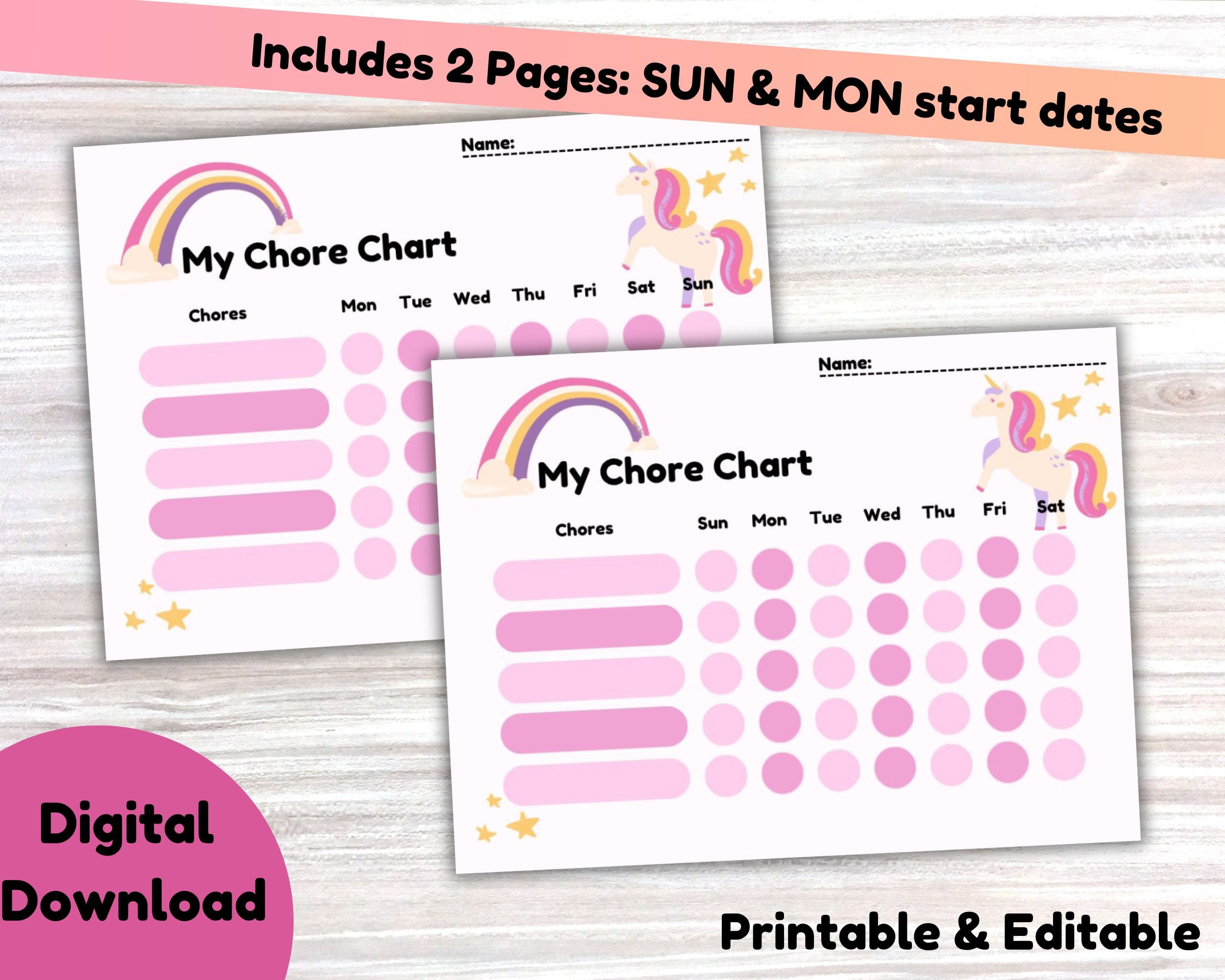 Kids Chore Chart, Weekly Chores Chart, Unicorn Chore Chart for Girls ...