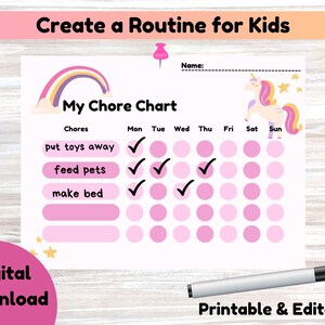 Kids Chore Chart, Weekly Chores Chart, Unicorn Chore Chart for Girls ...