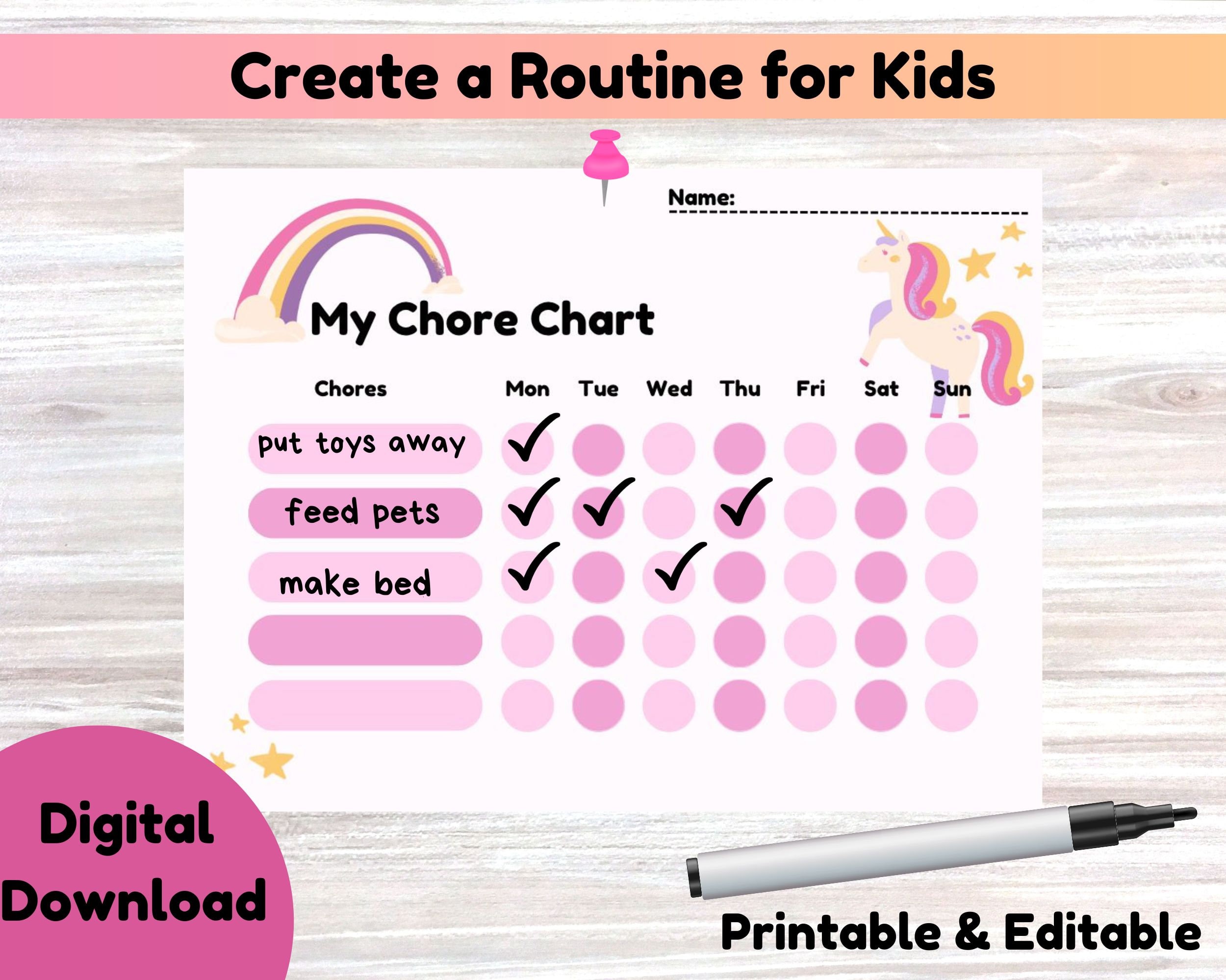 Kids Chore Chart, Weekly Chores Chart, Unicorn Chore Chart for Girls ...