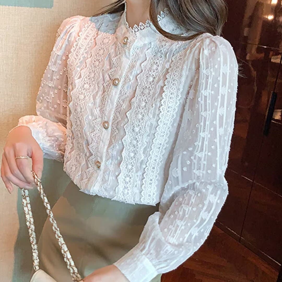 Blusa blanca de mujer, ropa de mujer, blusa de manga larga, blusa de encaje blanca, blusa para ...