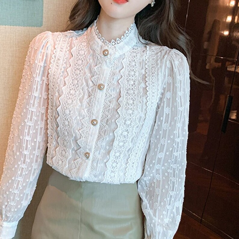 Blusa blanca de mujer, ropa de mujer, blusa de manga larga, blusa de encaje blanca, blusa para ...