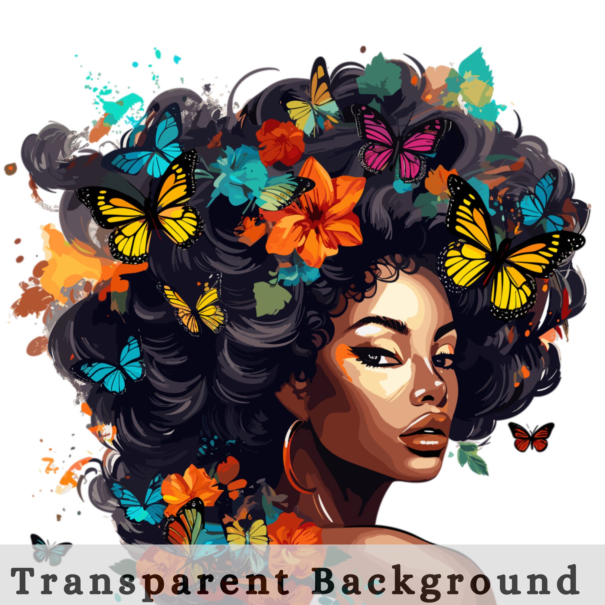 Afro Woman With Flowers and Butterflies PNG Curvy Dark Lady Clip Art ...