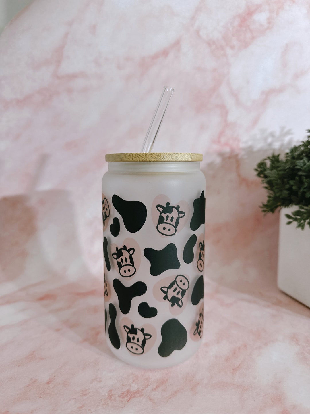 Cow Love- Frosted Glass Cup With Bamboo Lid, 16 Oz - Etsy