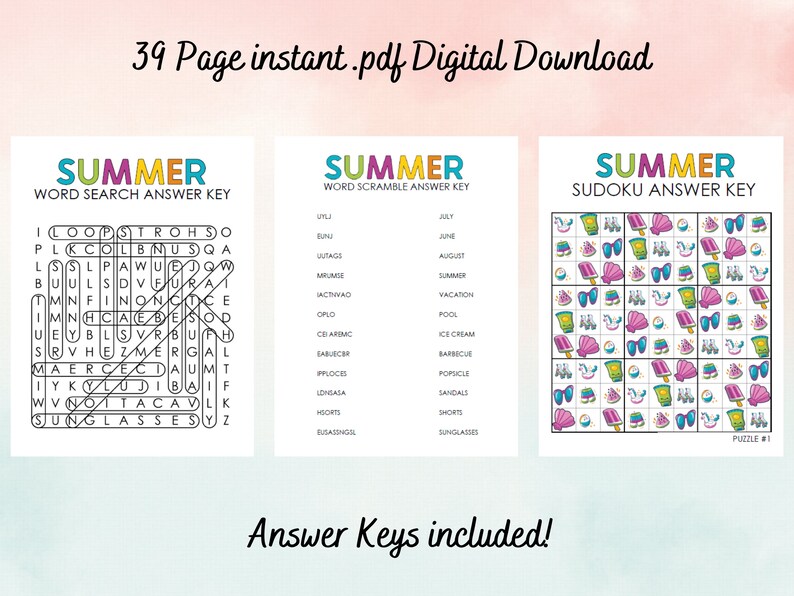 Summer Puzzle Bundle: Bingo, Seek and Find, Word Search, Word Scramble ...