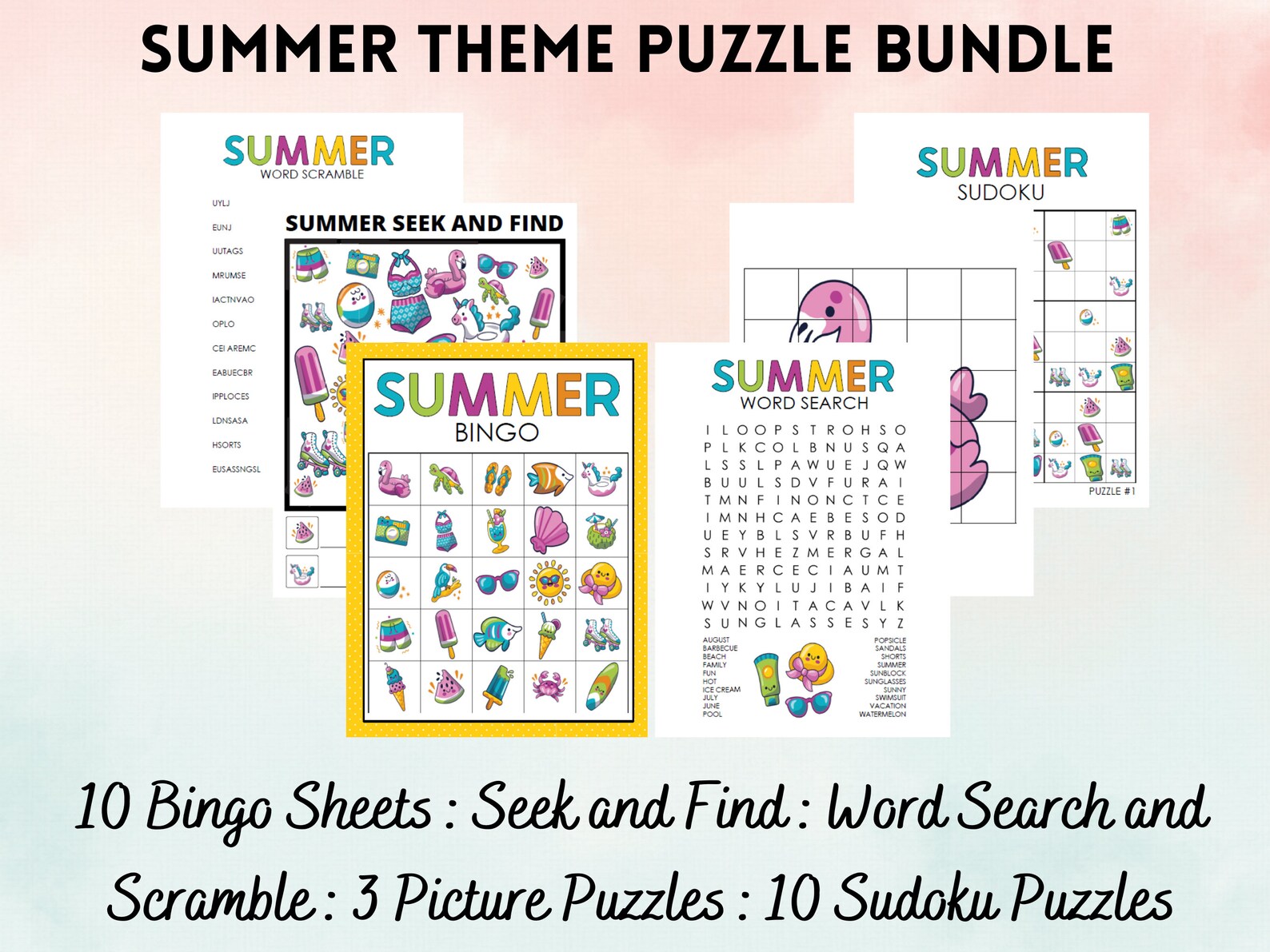 Summer Puzzle Bundle: Bingo, Seek and Find, Word Search, Word Scramble ...