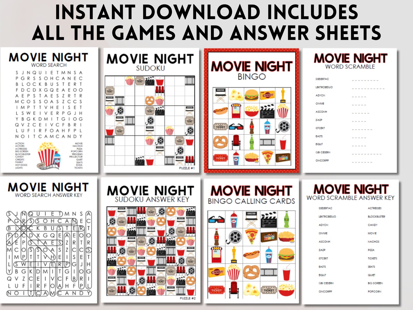 Printable Movie Night Game Set, Instant Download of 26 Games - Etsy