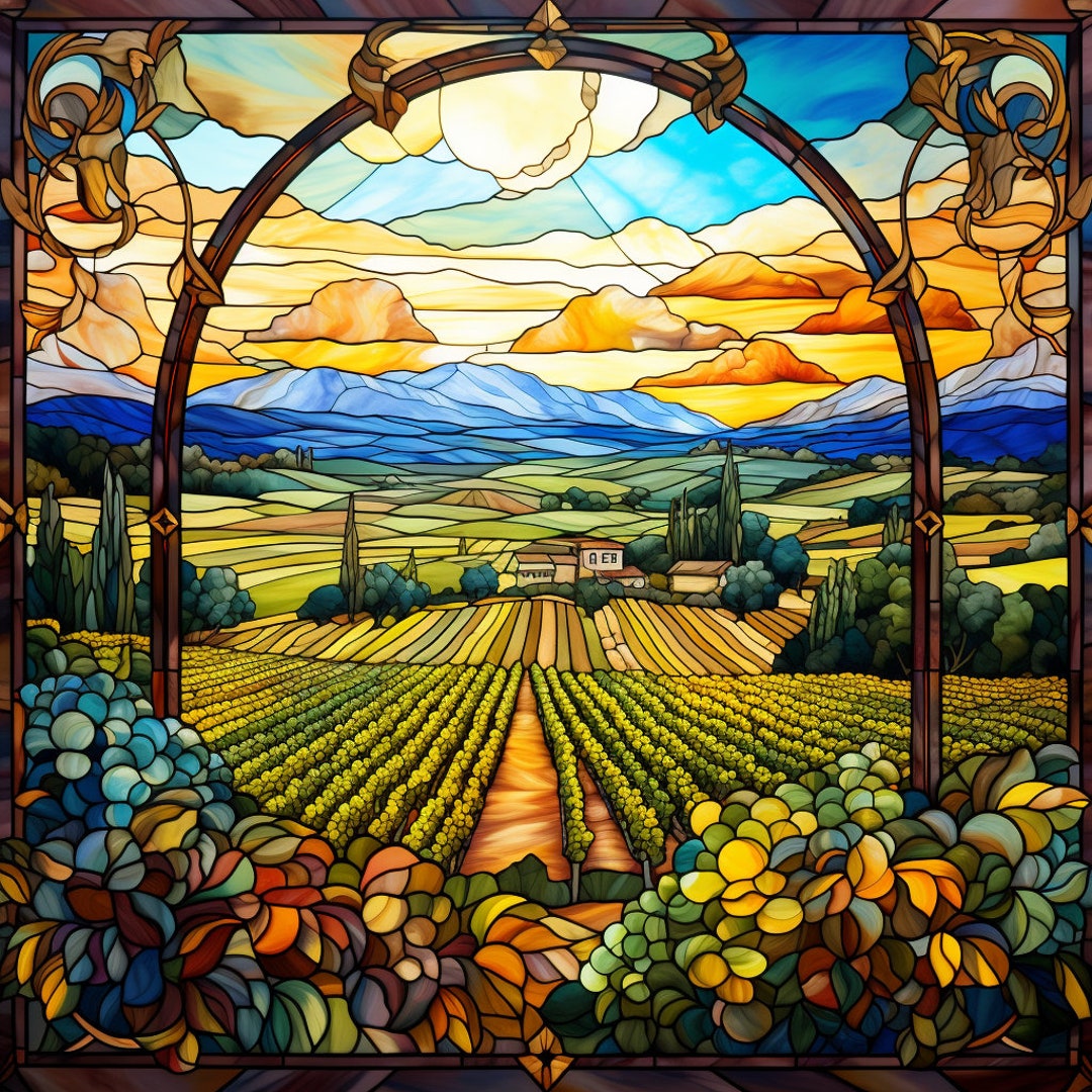 Vineyard Stained Glass Design, Winery Landscape, Grapes, Wine Tasting ...