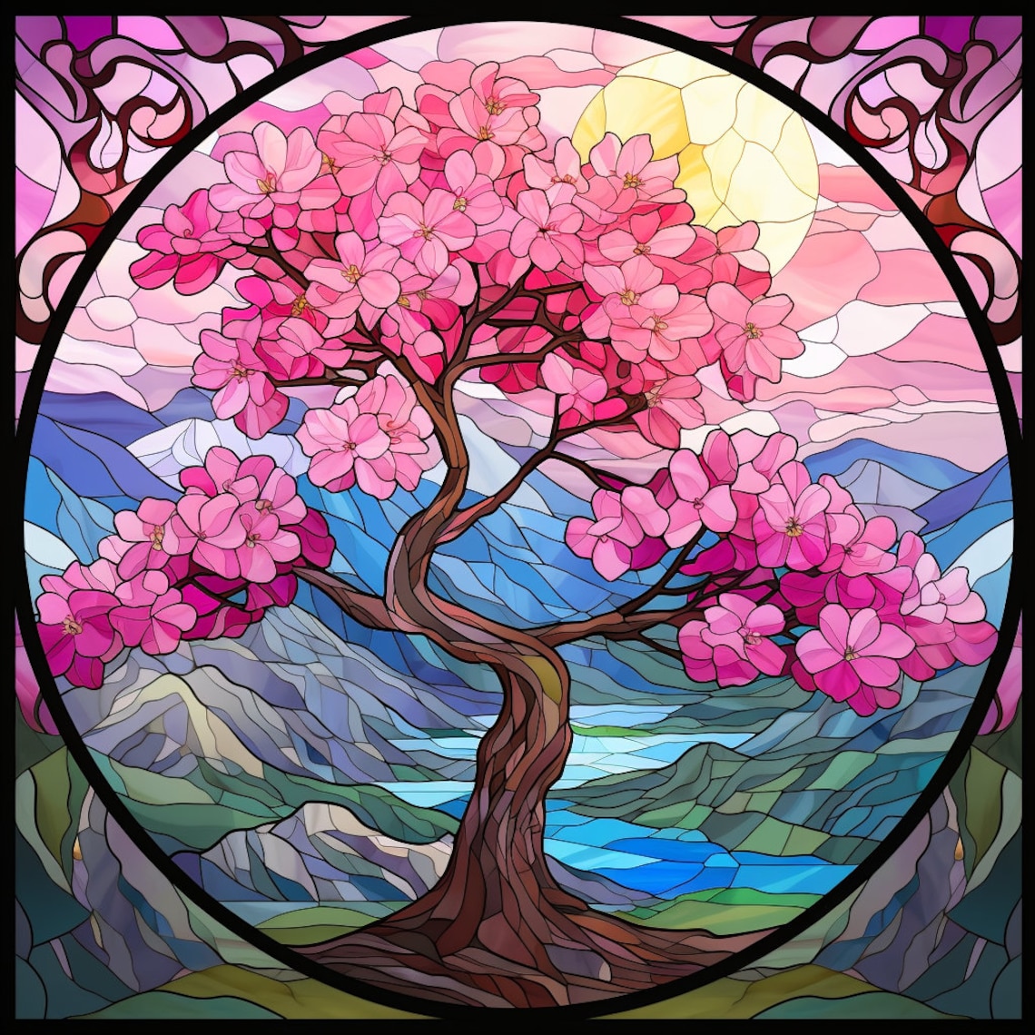 Cherry Blossom Stained Glass Pattern Sublimation Designs Stained 4765