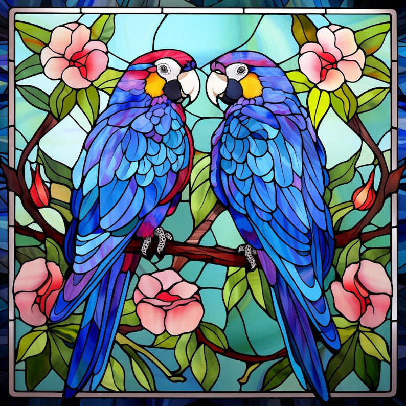 Parrots Tropical Birds Stained Glass Design PNG, Pattern for Cutting ...