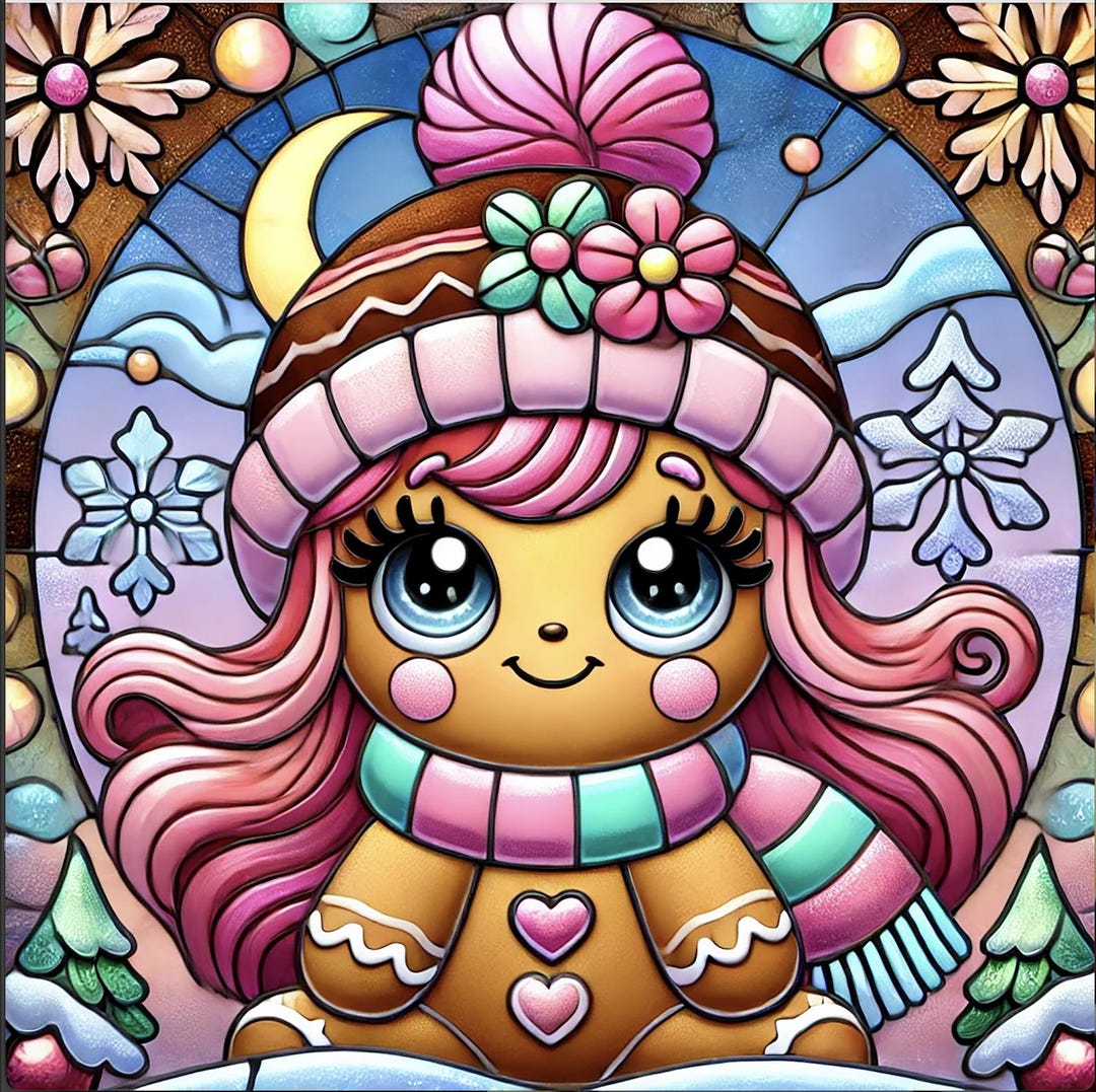 Cute Gingerbread Girl Stained Glass Digital Art PNG, Winter Christmas ...