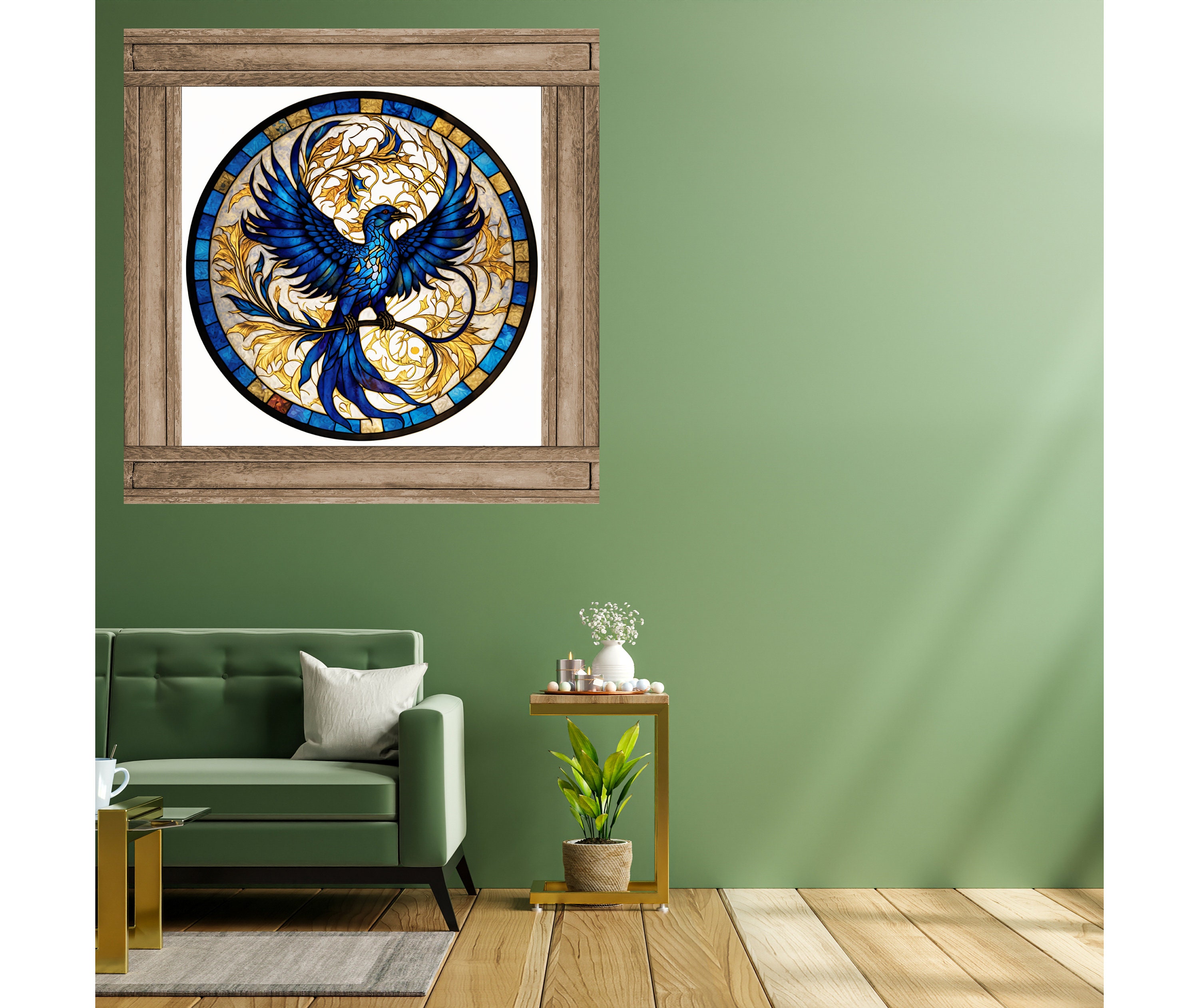 Mythical Bird Blue Phoenix - Symbol of Transformation, Round Stained ...